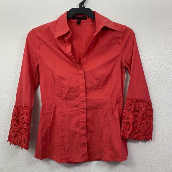 BCBGMaxAzria | Tops | Bcbgmaxazria Eyelet Flare Sleeve Button Up Shirt ...